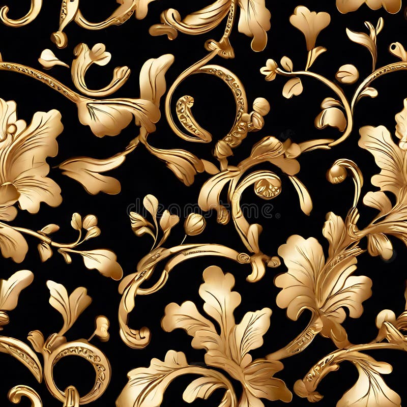 Golden Baroque Fabric Seamless Pattern on Black Background Stock ...