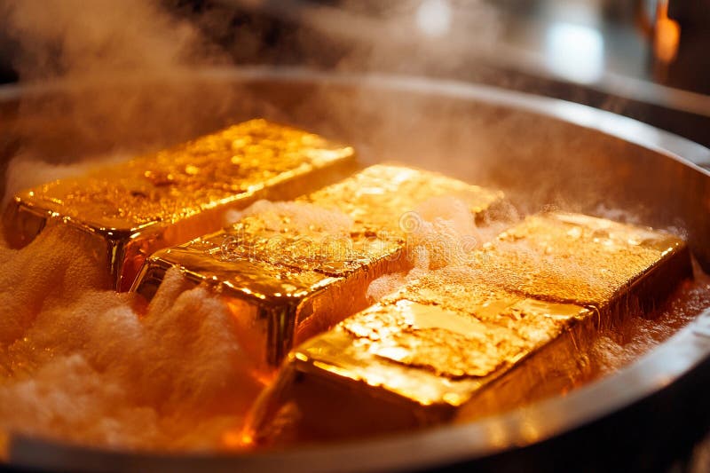 Golden Bars Immersed in Bubbling Liquid during the Metal Refining ...