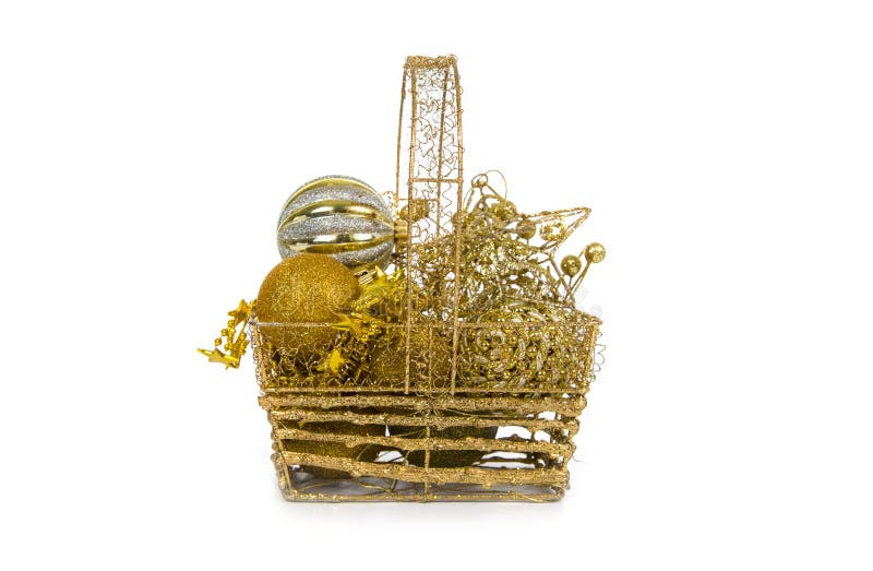 Golden Basket with Christmas Decorations Stock Photo - Image of blue ...