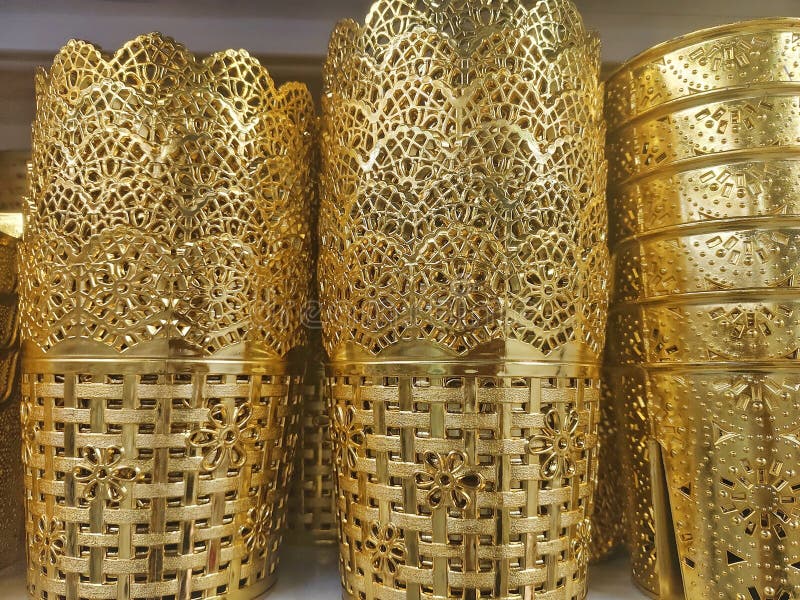 Golden Baskets with Intricate Patterns and Woven Details, Ideal for ...