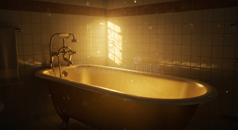 A Golden Bathtub in a Vintage Bathroom Bathed in Golden Hour Light ...