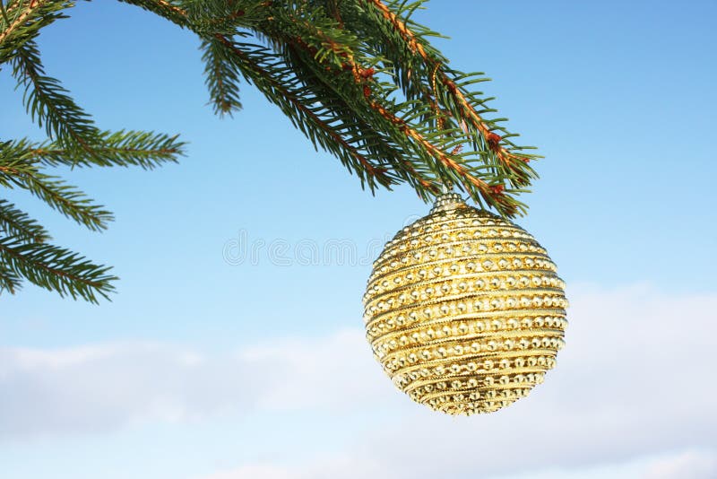 Golden Bauble on Christmas Tree Stock Image - Image of christmastree ...
