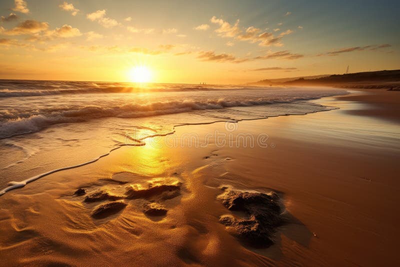 Golden Beach at Sunset, with the Sun Casting Its Final Rays Over the ...
