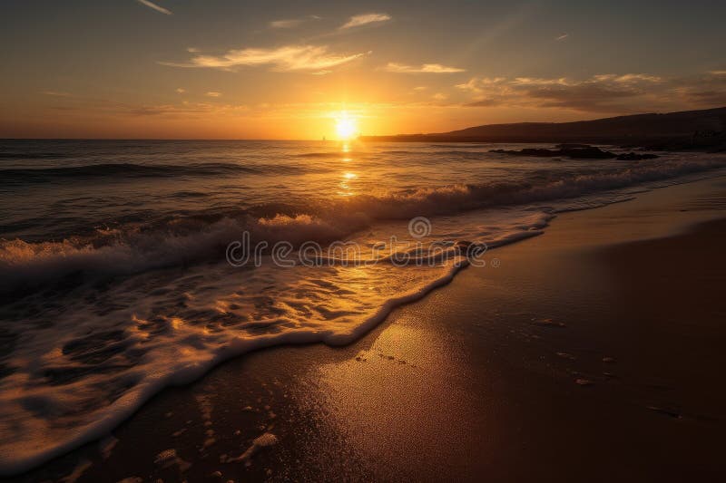 Golden Beach at Sunset, with the Sun Casting Its Final Rays Over the ...