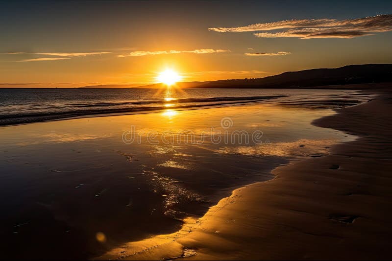 Golden Beach Sunset, with the Sun Setting Over the Ocean, Reflecting in ...