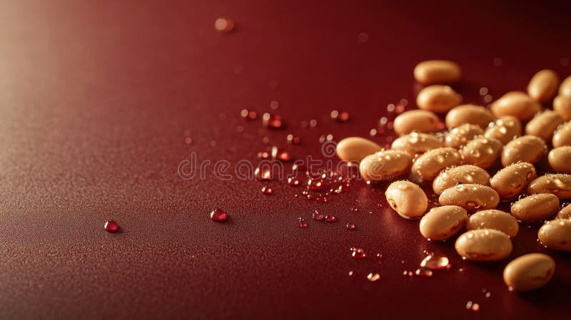 Golden Beans with Water Droplets on Rich Maroon Surface Stock ...