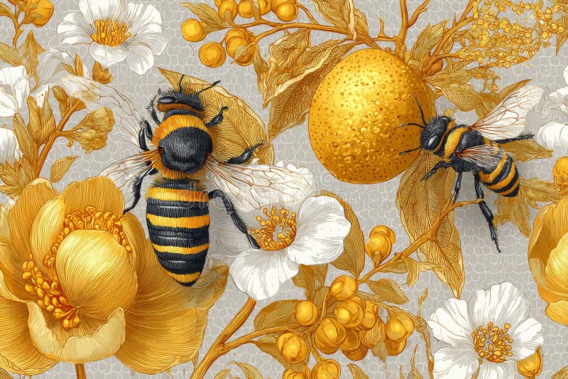 Golden Bees and Flowers Seamless Pattern Stock Illustration ...