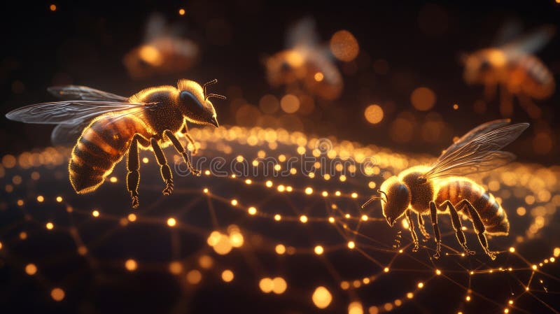 Golden Bees Move through a Glowing Network of Light. this Captivating ...