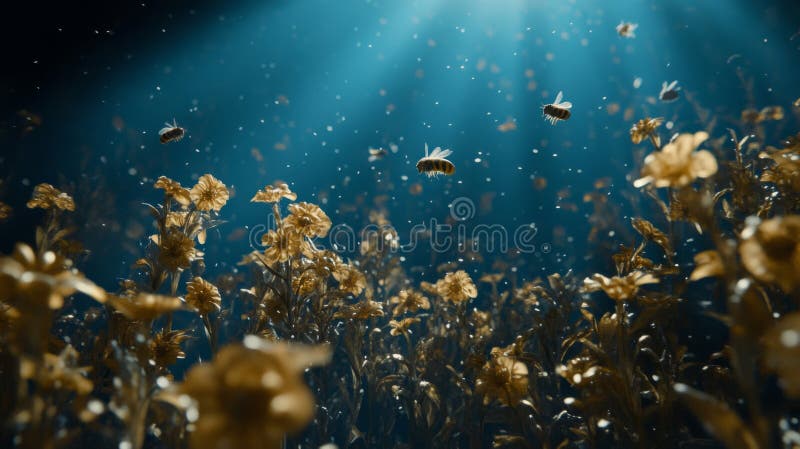 Golden Bees Pollinating Yellow Flowers at Night Stock Illustration ...