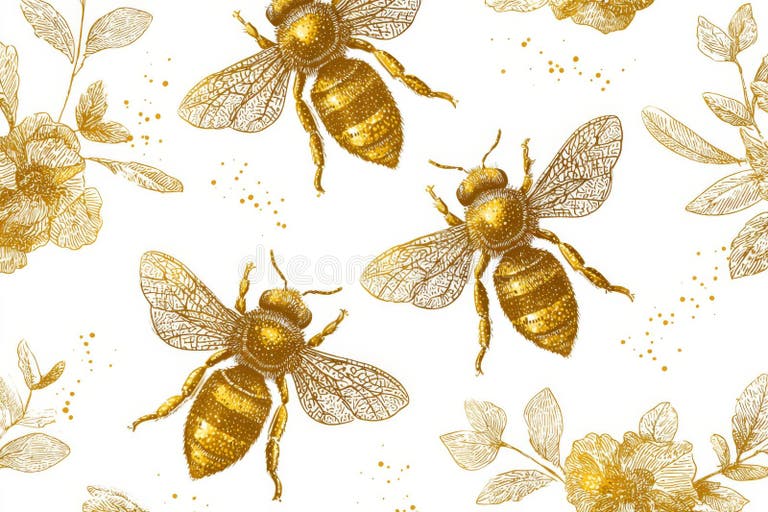 Golden Bees Seamless Pattern on White Background Stock Illustration ...