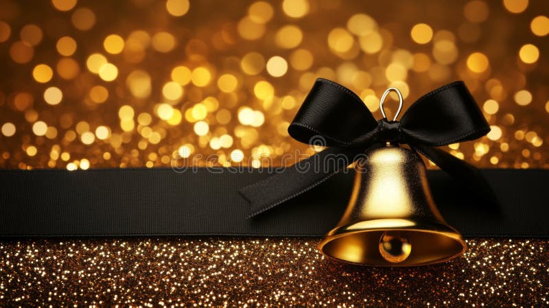 Golden Bell with Black Bow on Glitter Background Stock Illustration ...