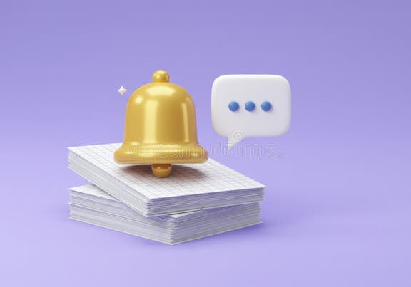 Golden Bell Notification with Speech Bubble on Stack of Paper Stock ...