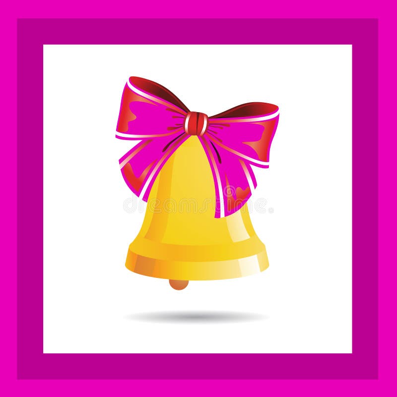 Golden Bell with Pink Ribbon, in a Frame, on a White Background. Stock ...