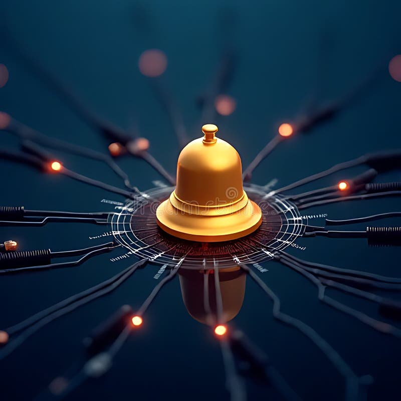 A Golden Bell Sits in a Center of Digital Circuits and Nodes Stock ...