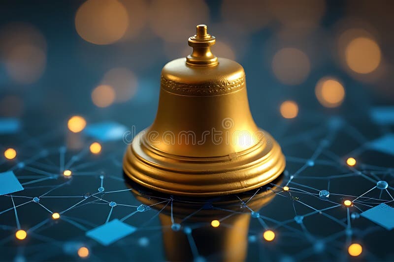 A Golden Bell Stands Atop a Network of Connected Nodes and Lines Stock ...
