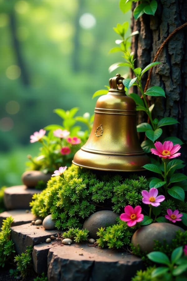 Golden Bell Surrounded by Lush Greenery and Flowers, Greenery, Peaceful ...