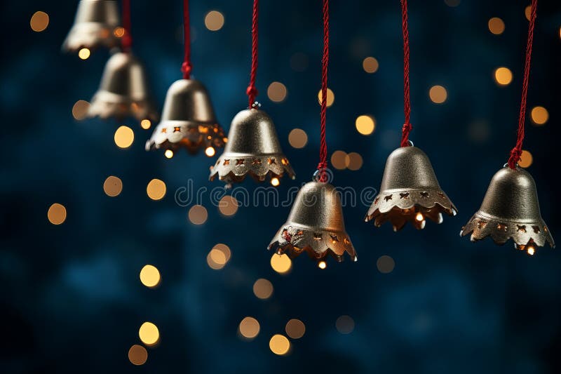 Golden Bells on Red Strings with a Blurred Light Background at a ...