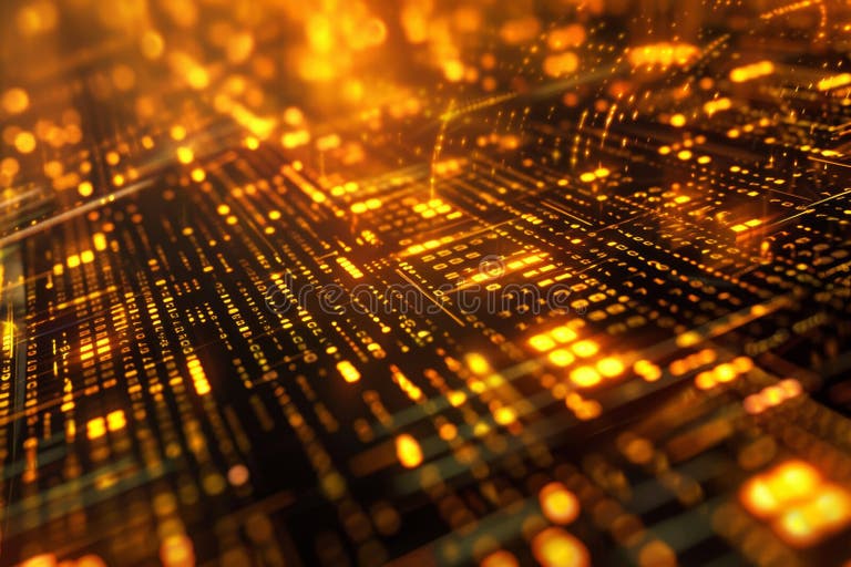 Golden Binary Code Data Grid with Digital Information Displays Stock ...