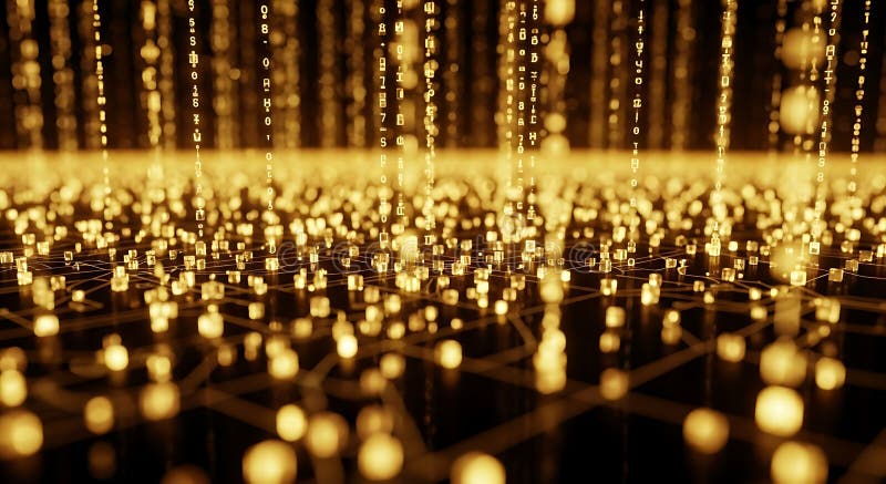 Golden Binary Digits Cascade in Vertical Streams Against a Dark Background, Stock Illustration ...