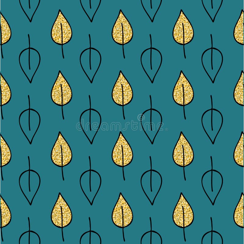 Golden Birch Leaf on Green Emerald Background, Seamless Pattern Black ...