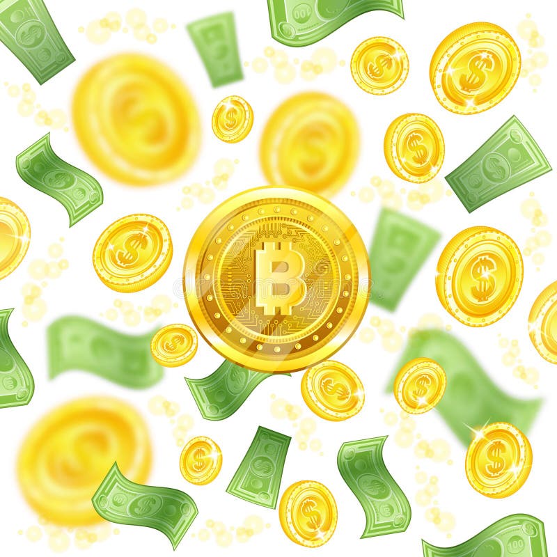 Golden Bit Coin in the Center of Flying Coins and Bamknotes with Depth ...