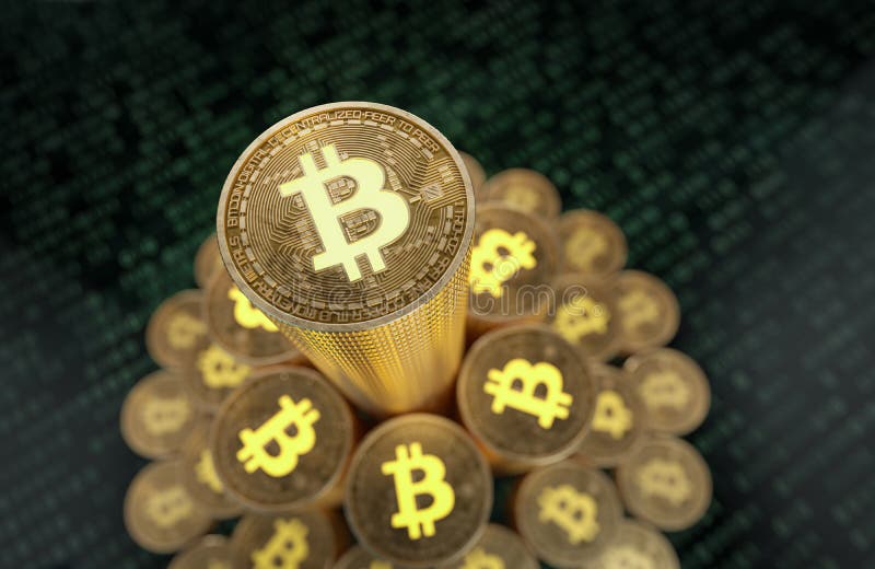 Golden Bit Coins Crypt Currency Stack on Blurred Background Stock Photo ...