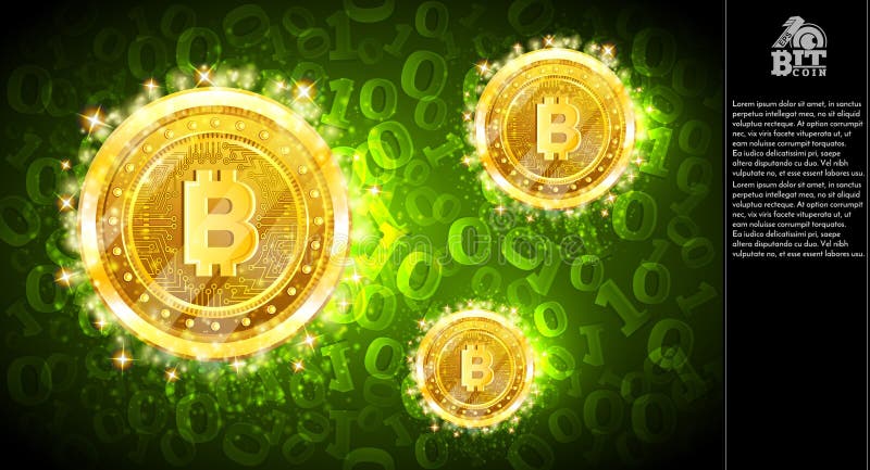 Golden Bit Coins Flying on Green Horizontal Background with Binary Code ...
