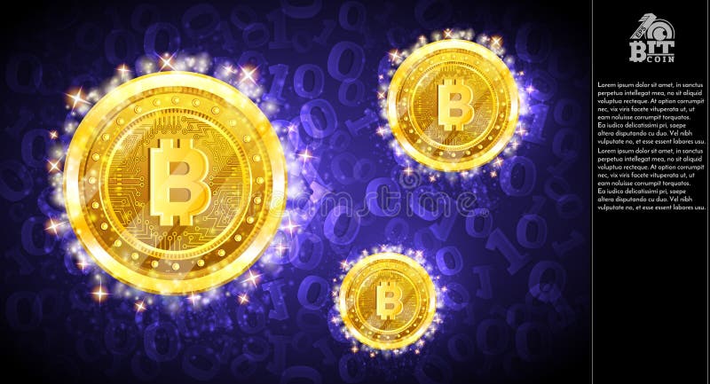 Golden Bit Coins Flying on Violet Horizontal Background with Binary ...
