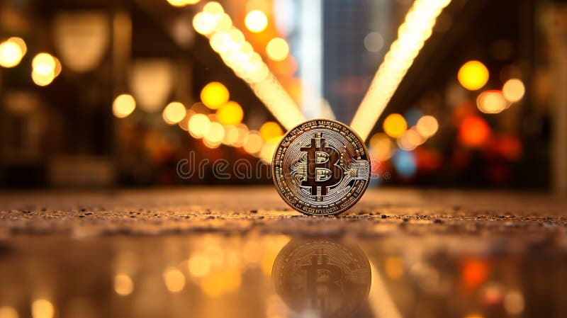 Golden Bitcoin on Blurred Defocused Yellow Abstract Background with ...
