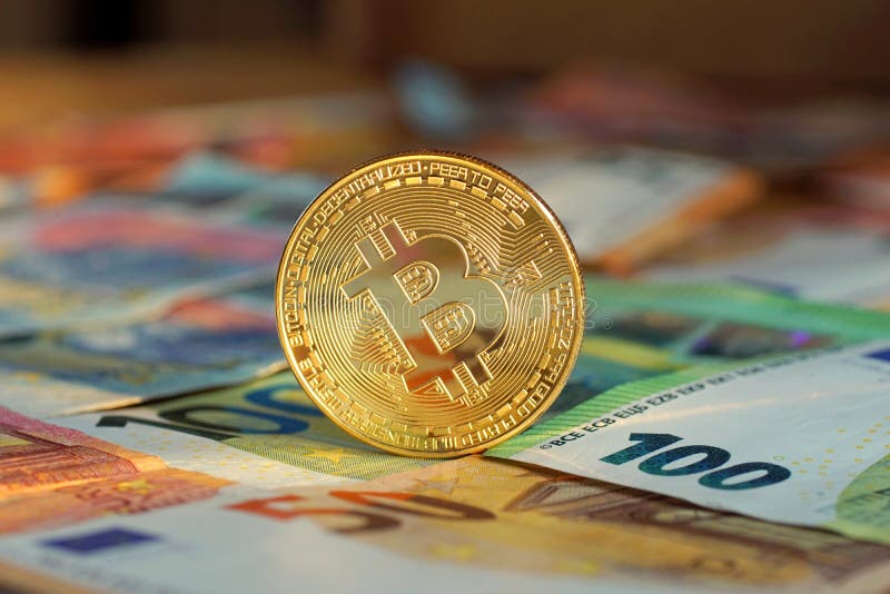 Golden Bitcoin BTC on Euro Banknotes Stock Photo - Image of currency ...