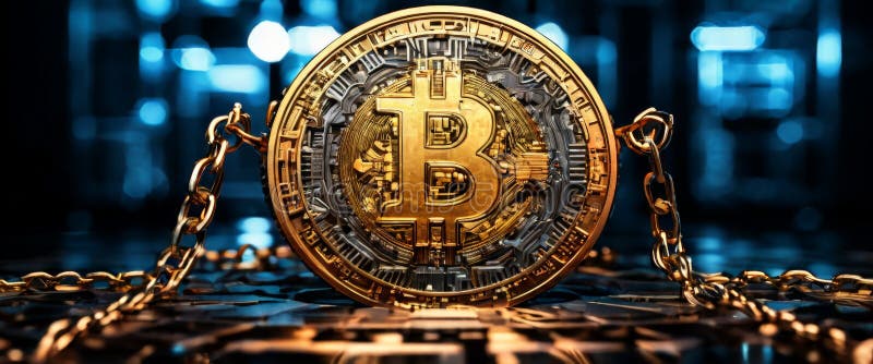 Golden Bitcoin with Chains in a Futuristic Setting Stock Photo - Image ...