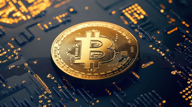 Golden Bitcoin on Circuit Board Stock Illustration - Illustration of ...