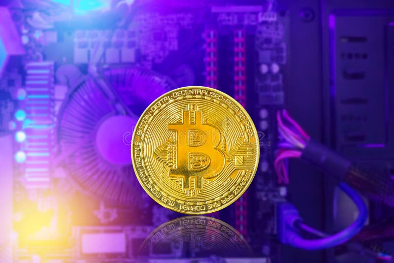 Golden Bitcoin Coin Digital Cryptocurrency with Light of Computer ...