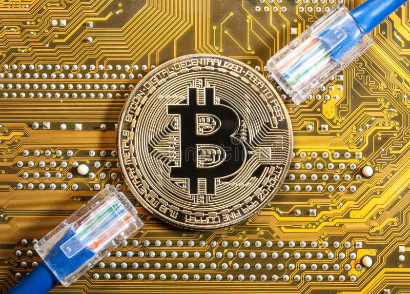 Golden Bitcoin Coin on Golden Microchip Close Up Stock Image - Image of ...