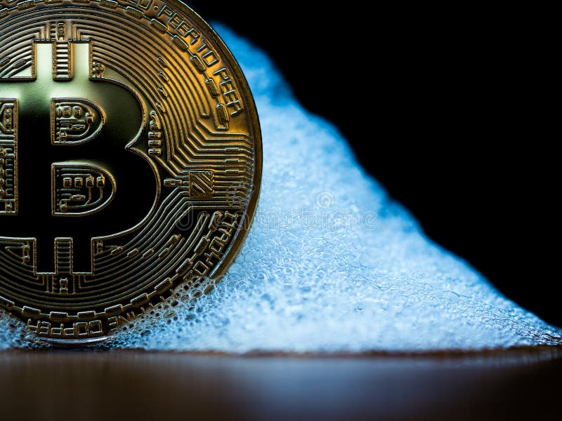 Golden Bitcoin Coin in a Soap Bubble. Concept of Distributed Ledger ...