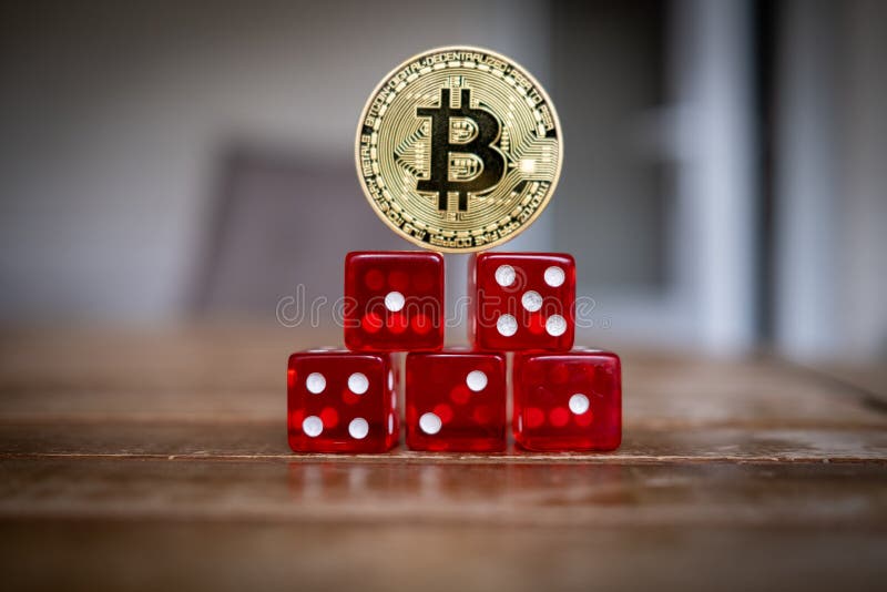 Golden Bitcoin Coin Stands on a Stack of Red Dice Stock Image - Image ...