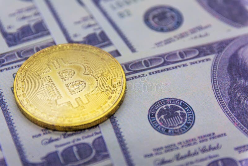 Golden Bitcoin Coin on Us Dollars Stock Image - Image of business ...