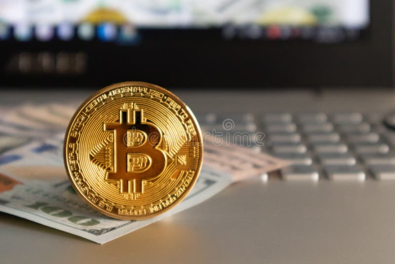 Golden Bitcoin Coin On Us Dollars Bitcoin Is Internet Currency Payment