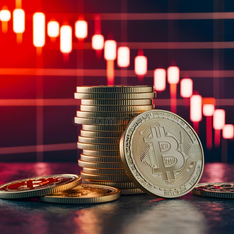 Golden Bitcoin Coins, Falling Candlestick Chart, Financial Caution ...
