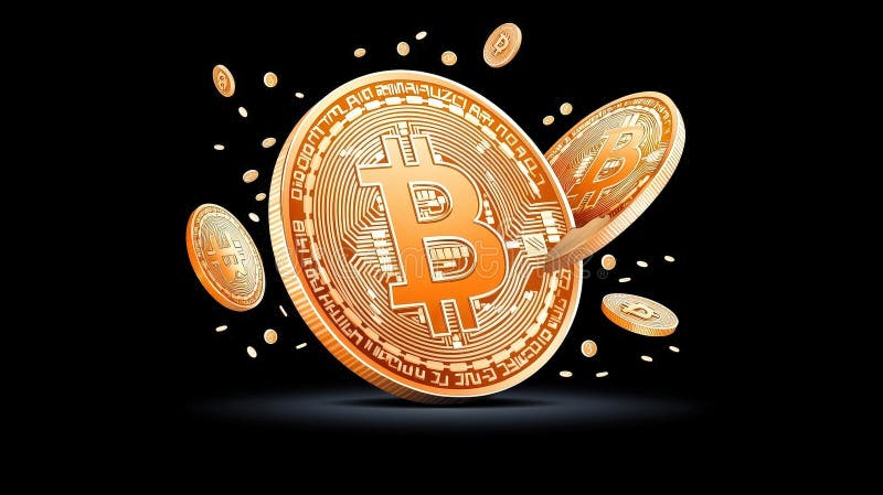 Golden Bitcoin Coins Floating in Dark Space with Bright Sparkles and ...