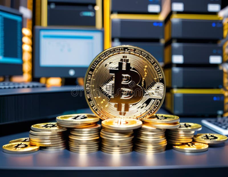 Golden Bitcoin Coins on Server Rack Stock Photo - Image of technology ...