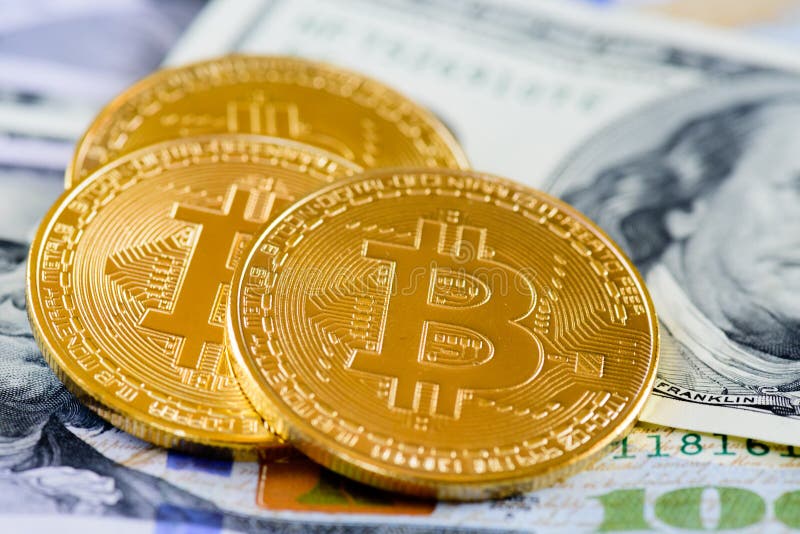 Golden Bitcoin Coins on Us Dollars Notes Stock Image - Image of ...