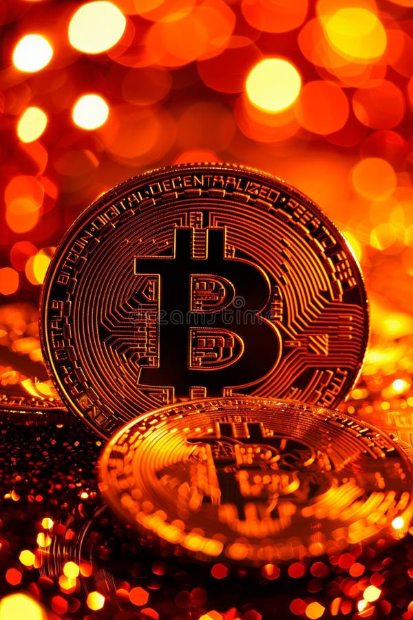 Golden Bitcoin Cryptocurrency Coin on a Background of Red and Orange ...