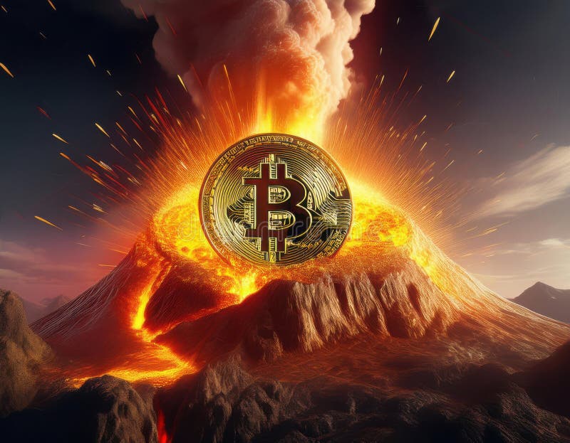 A Radiant Bitcoin Soaring Out of an Erupting Volcano Stock Illustration ...