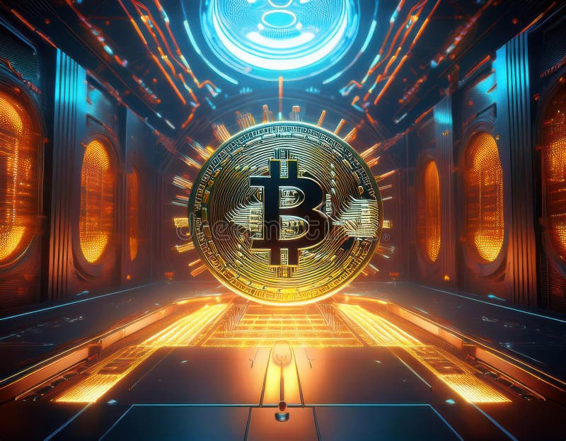 A Golden Bitcoin Hovering Inside an Advanced Vault Protected by Laser ...