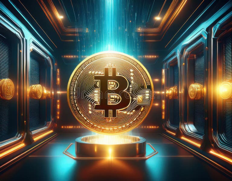 A Golden Bitcoin Suspended in Midair Inside a High-tech Laser-secured ...