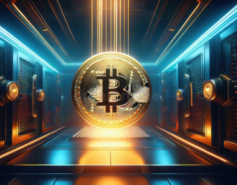 A Glowing Bitcoin Floating within a Secure High-tech Vault with Laser ...