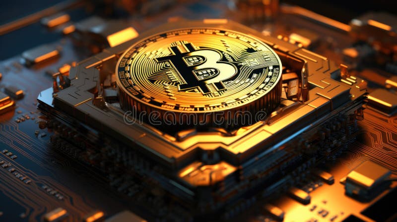 A Golden Bitcoin on Top of a Computer Motherboard. Cyber Security ...