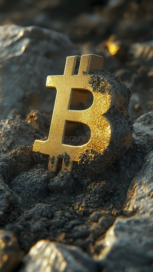 Golden Bitcoin Symbol Embedded in Dark Stone Close Up, Gritty Texture ...