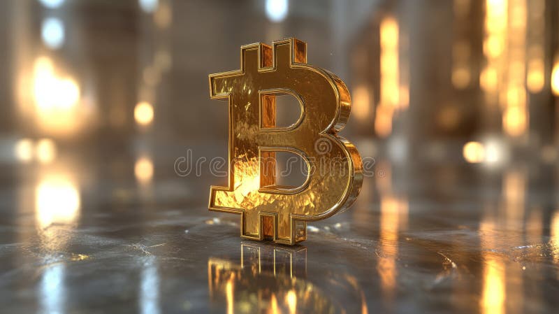 Golden Bitcoin Symbol on Reflective Marble Surface. Stock Illustration ...